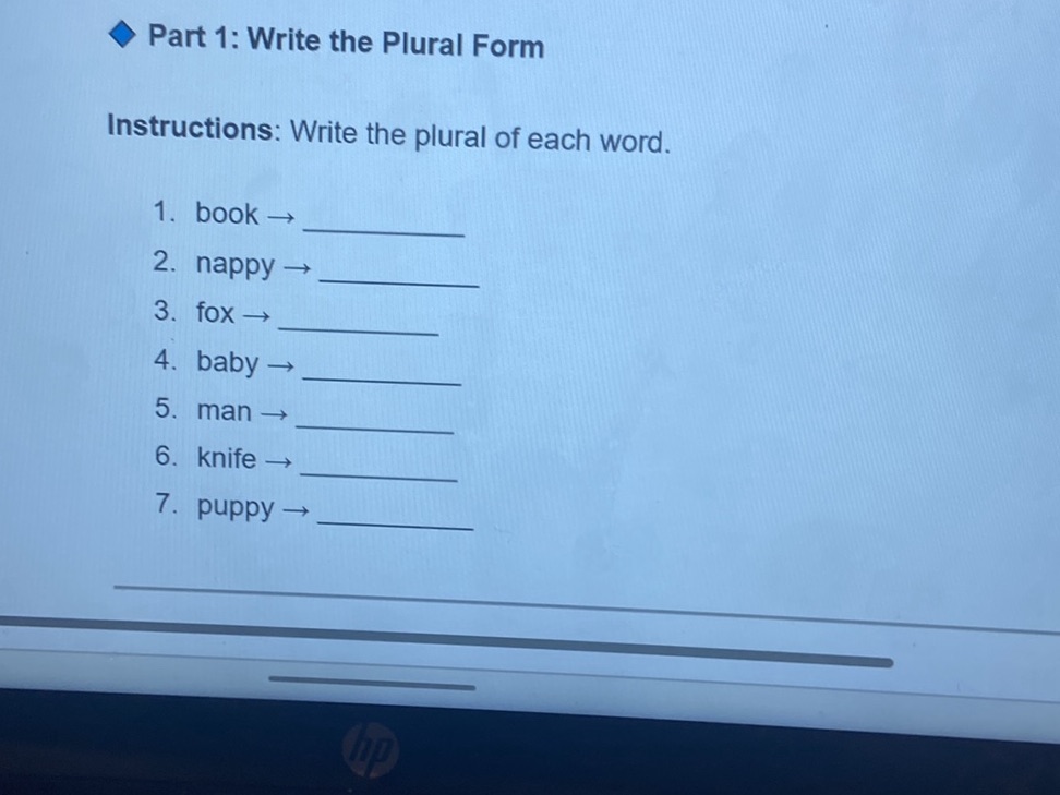 Part 1: Write the Plural Form Instructions: | StudyX