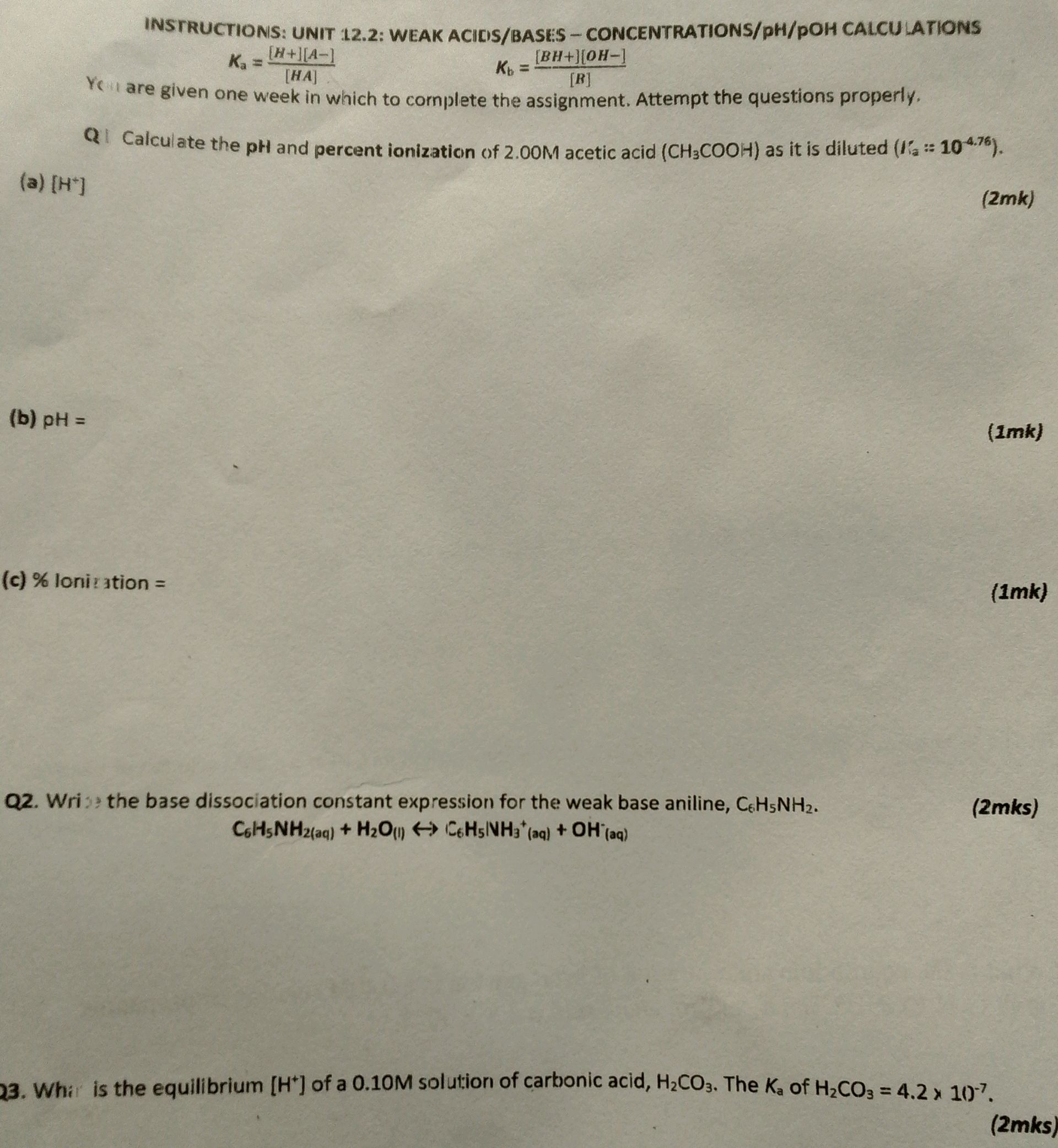 Q1 Calculate the pH and percent ionization | StudyX
