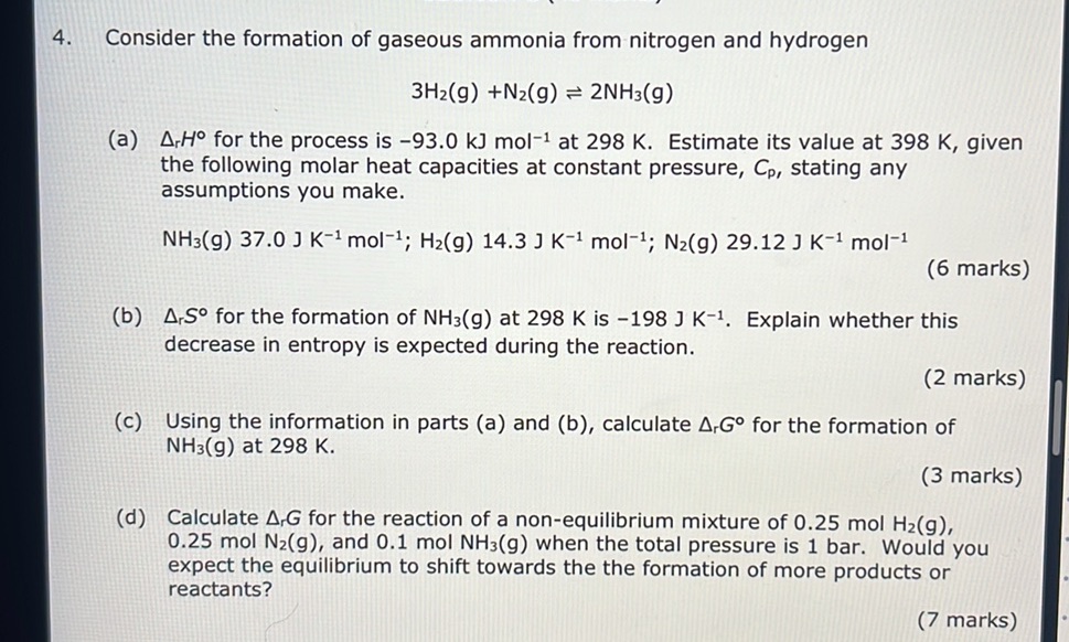 4. Consider the formation of gaseous ammonia | StudyX