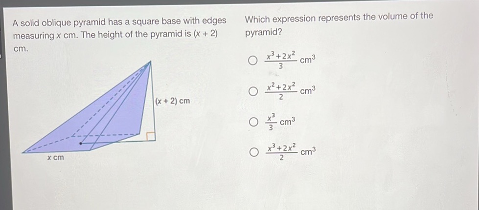 A solid oblique pyramid has a square base