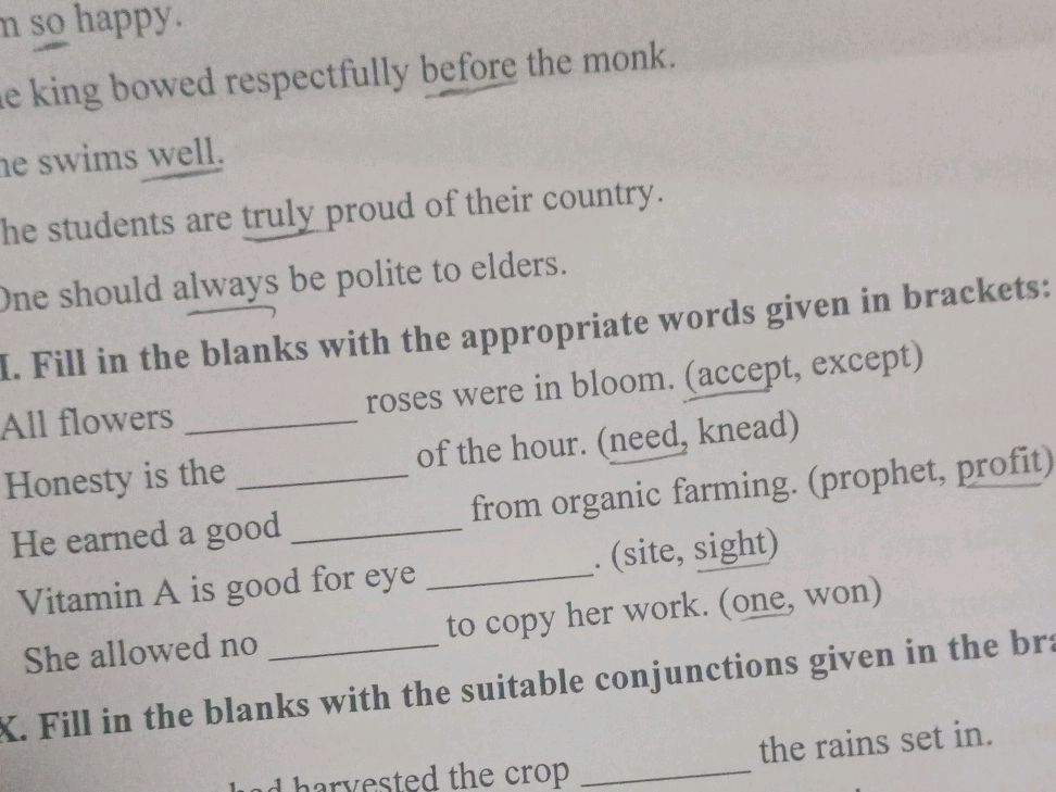I. Fill in the blanks with the appropriate | StudyX