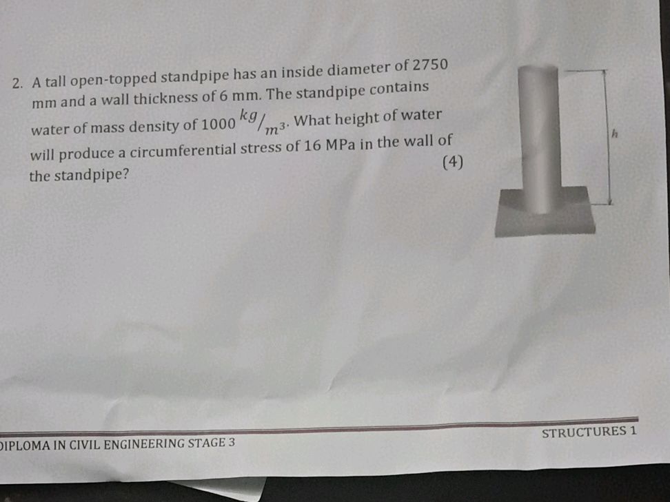 2. A tall open-topped standpipe has an | StudyX
