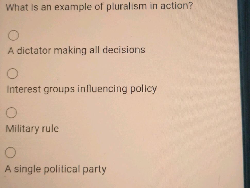 What is an example of pluralism in action? | StudyX