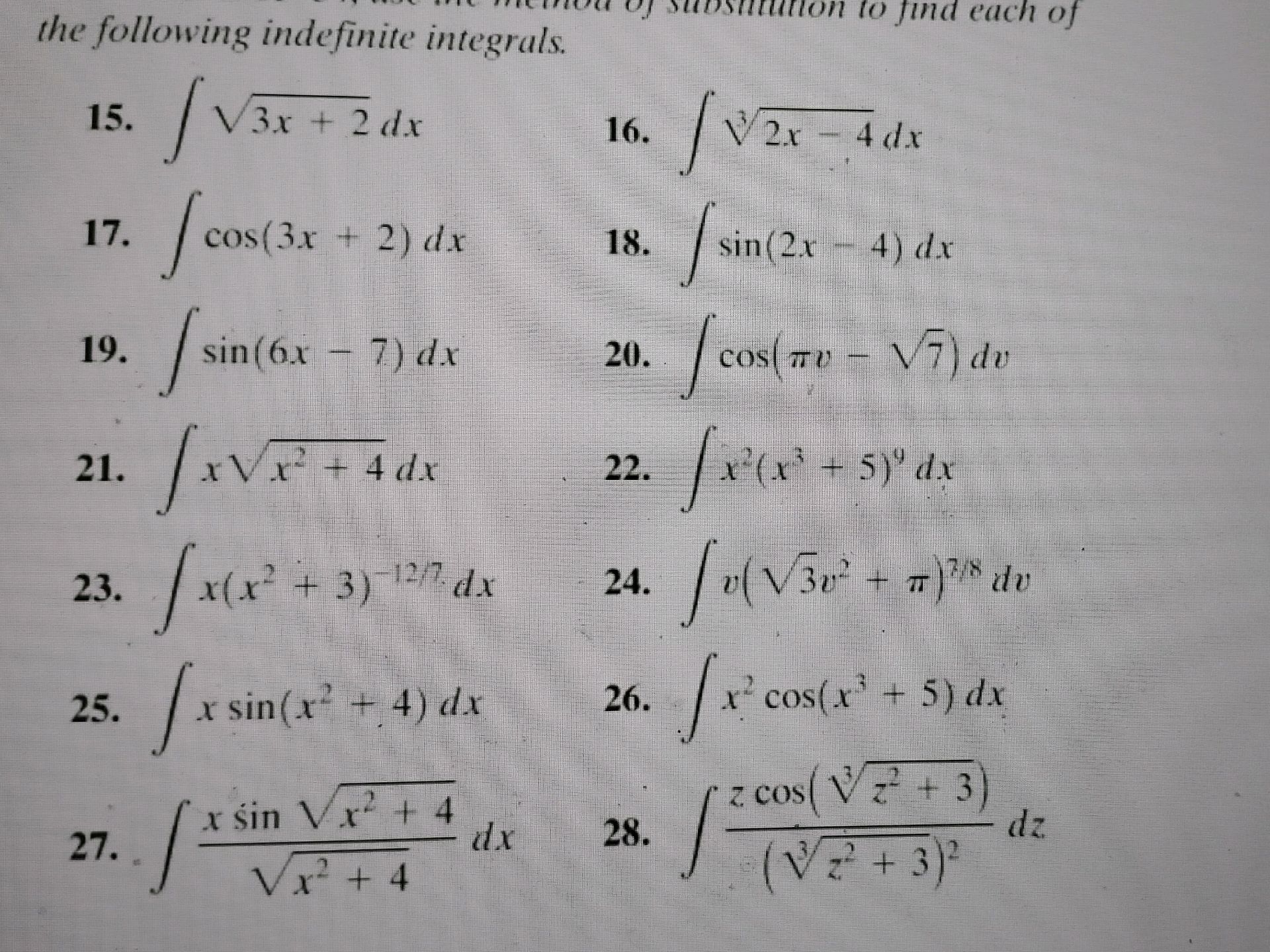 Find each of the following indefinite | StudyX