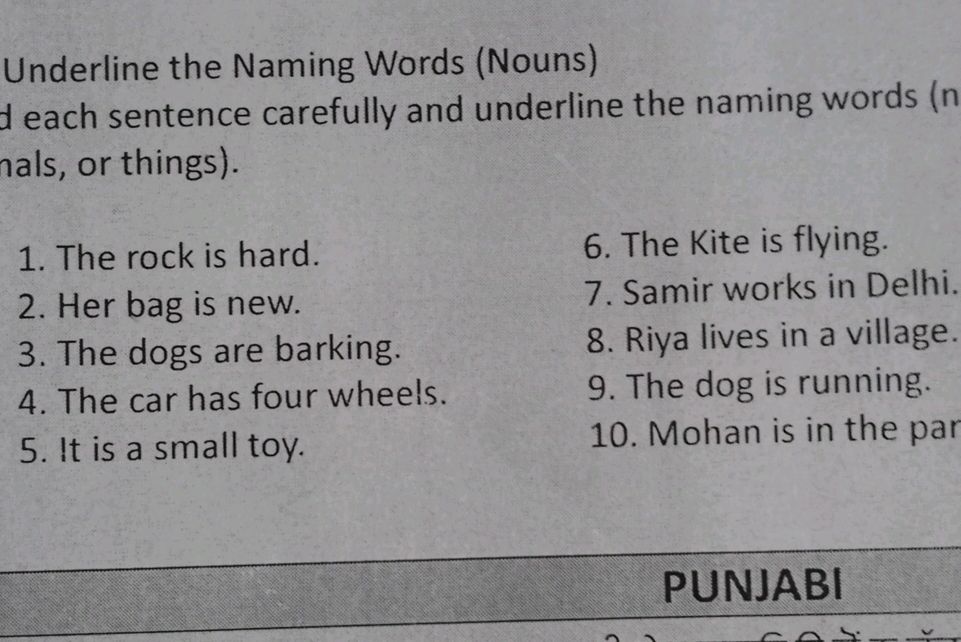 Underline the Naming Words (Nouns) d each | StudyX