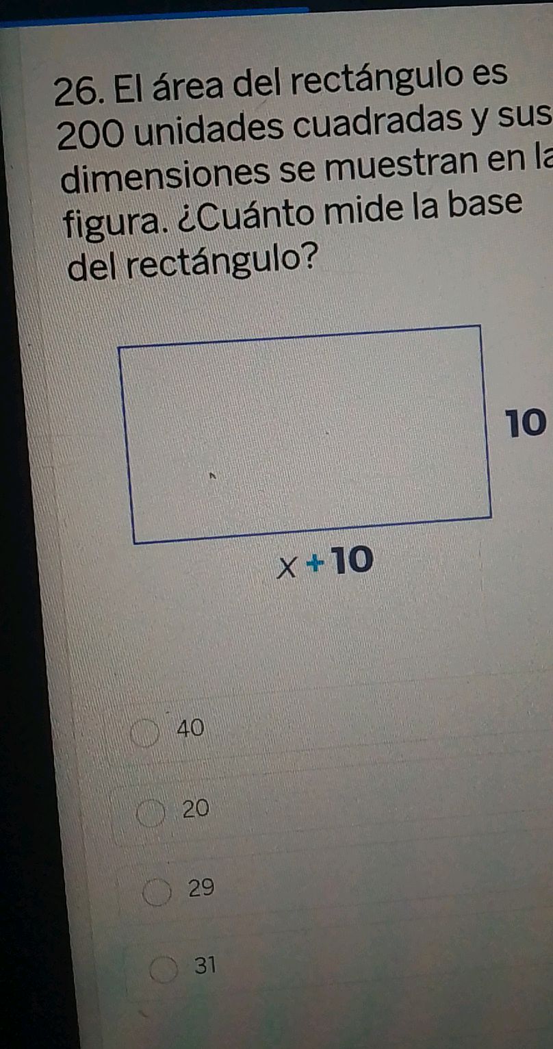 26. El área del rectángulo es 200 unidades | StudyX