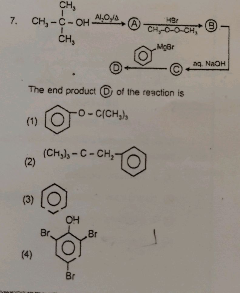 7. ${CH3-C(CH3)2-OH ->[Al2O3/ ] A ->[HBr] | StudyX