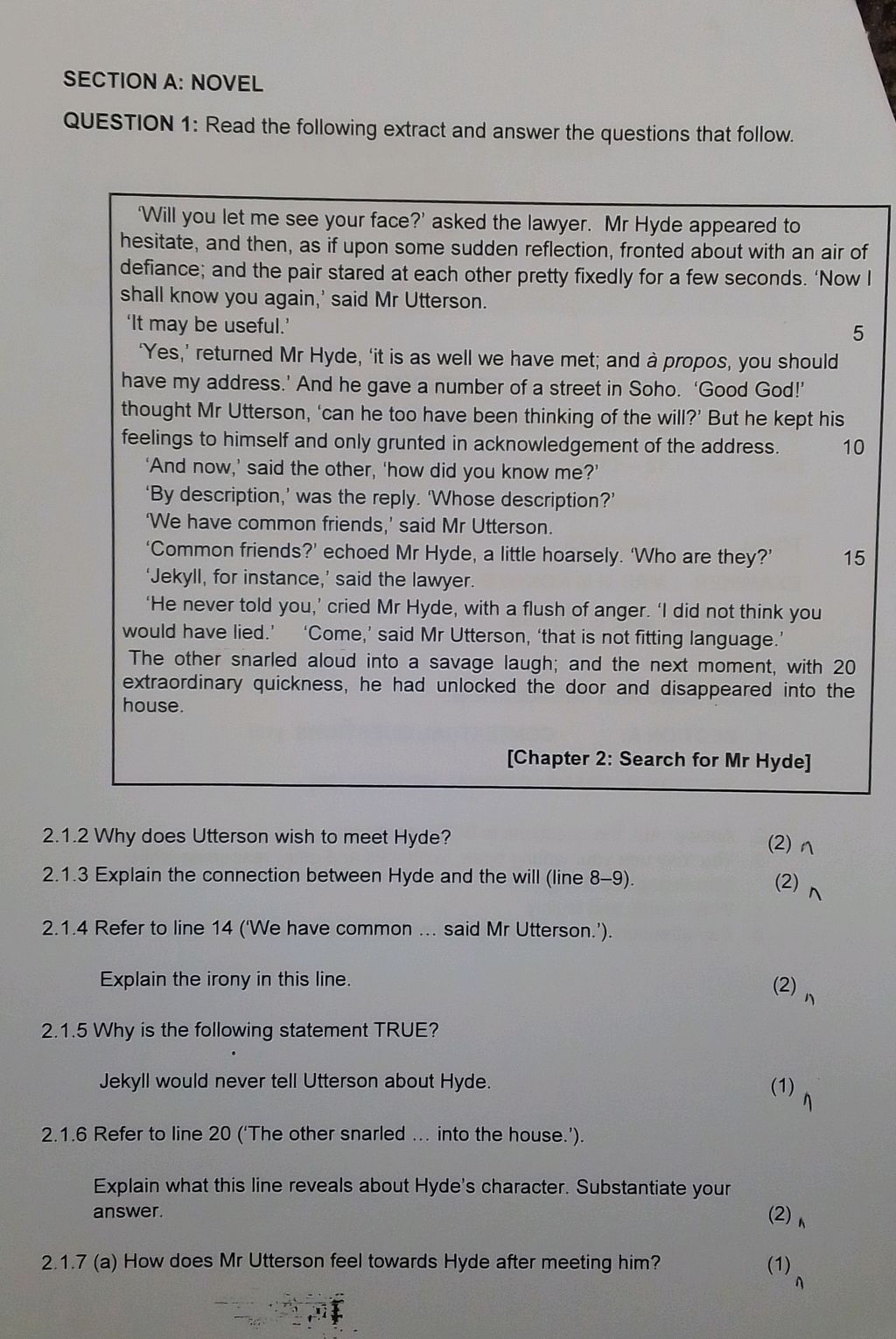 SECTION A: NOVEL QUESTION 1: Read the | StudyX