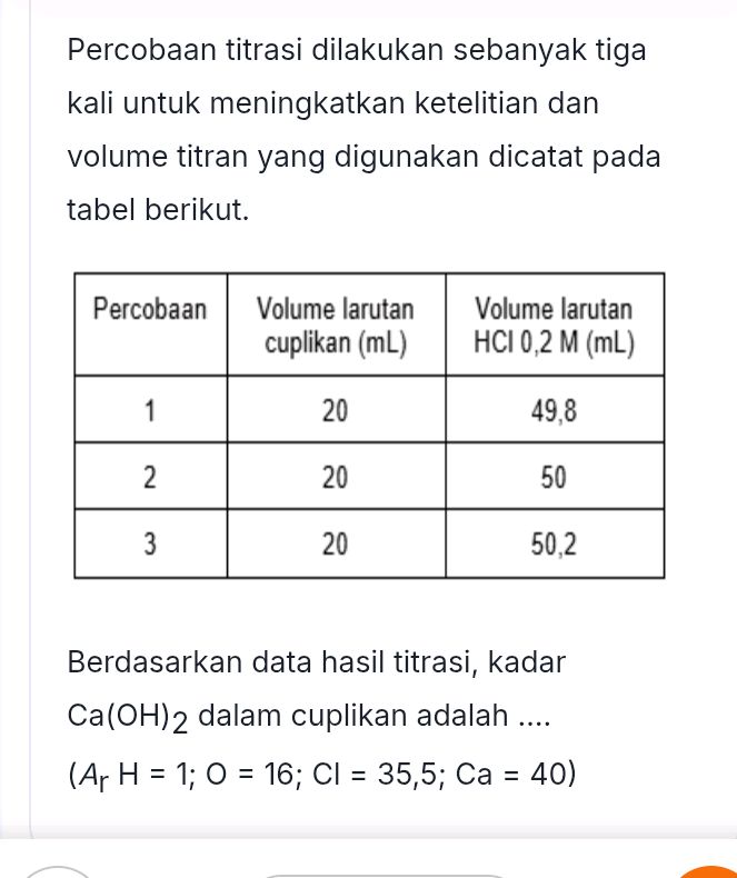 Percobaan titrasi dilakukan sebanyak tiga | StudyX