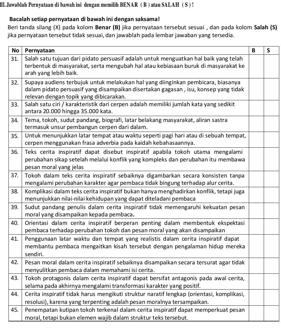 Bacalah setiap pernyataan di bawah ini | StudyX
