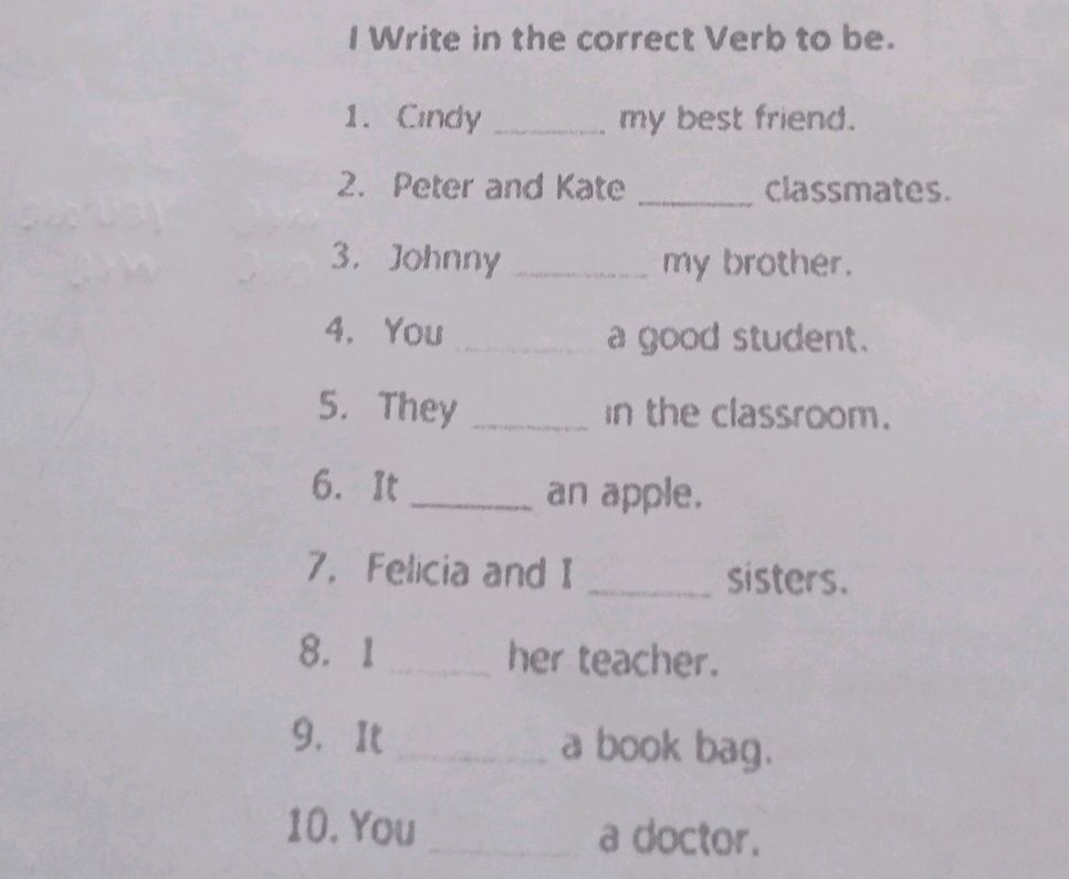 I Write in the correct Verb to be. 1. Cindy | StudyX
