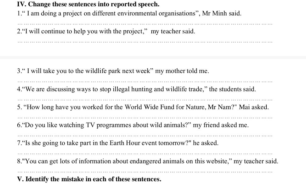 IV. Change these sentences into reported | StudyX
