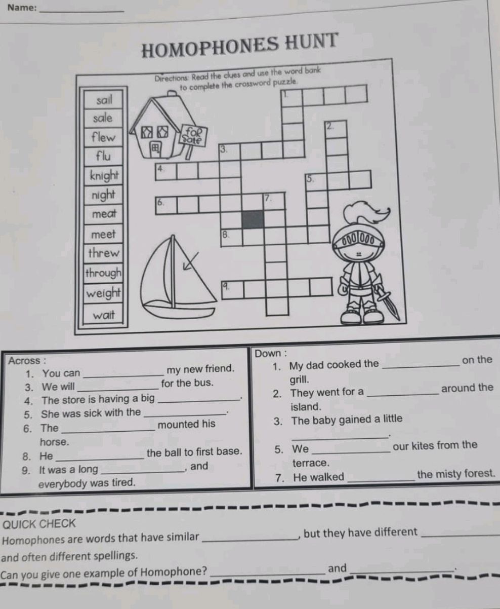 HOMOPHONES HUNT Directions: Read the clues | StudyX