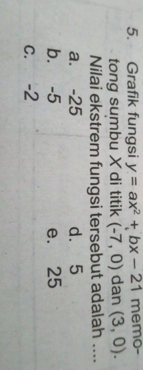 5. Grafik fungsi $y = ax^2 + bx - 21$ | StudyX