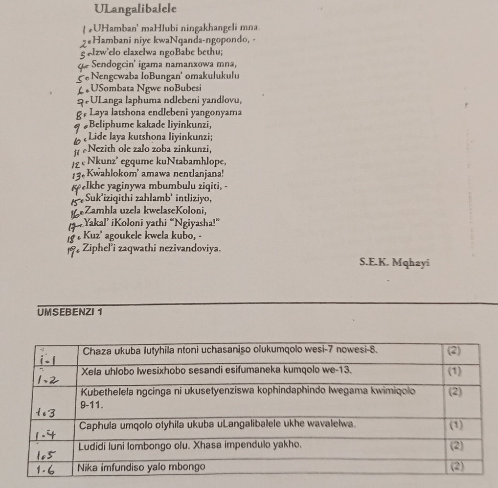 ULangalibalele 1. UHamban' maHlubi | StudyX