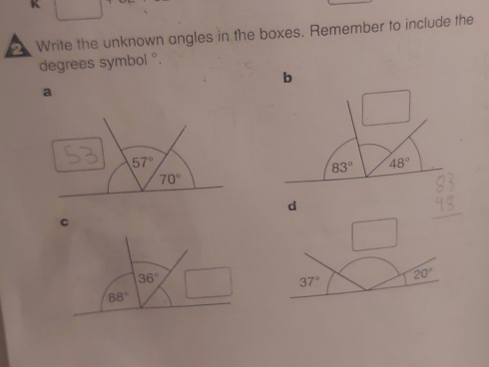 Write the unknown angles in the boxes. | StudyX