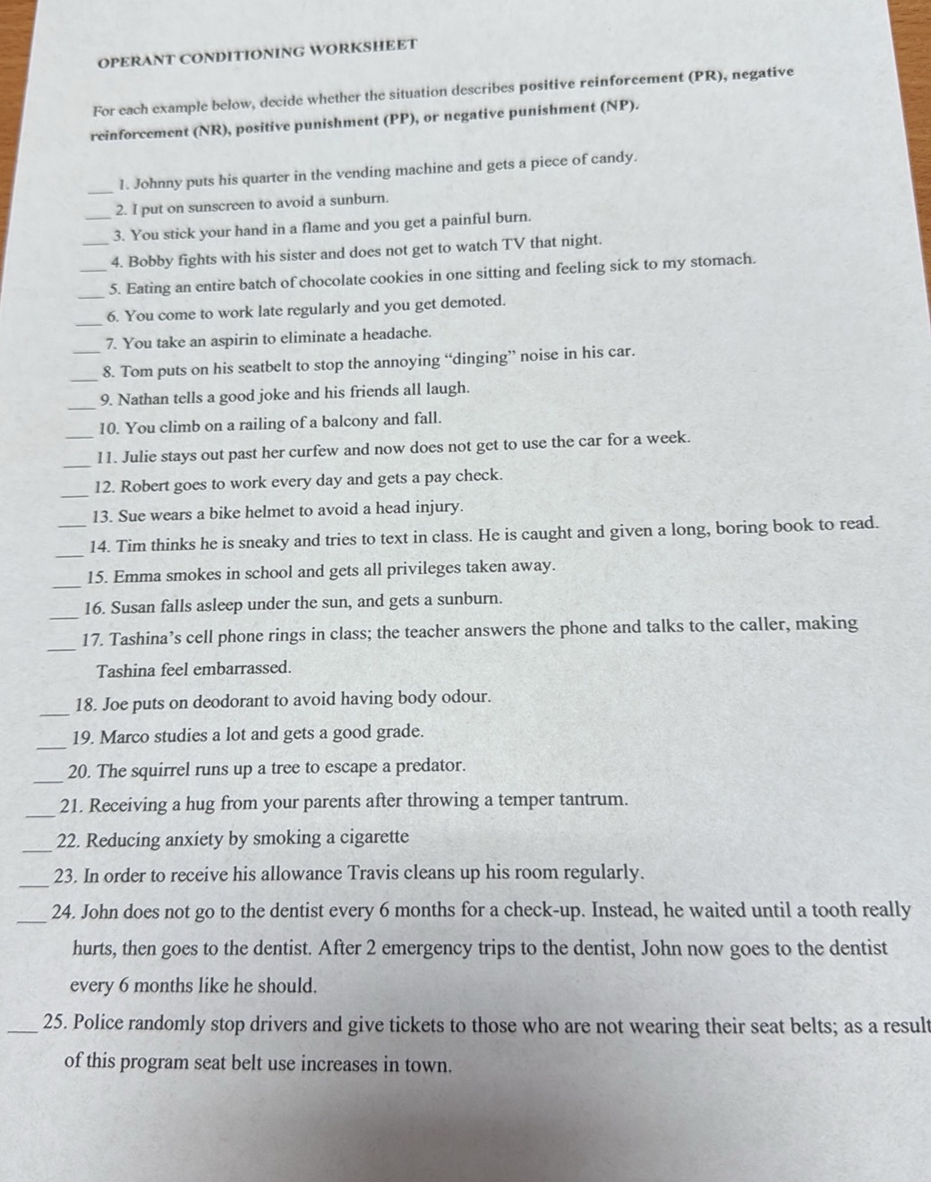 OPERANT CONDITIONING WORKSHEET For each | StudyX