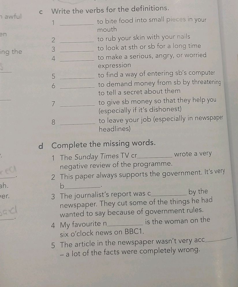 c Write the verbs for the definitions. 1 | StudyX