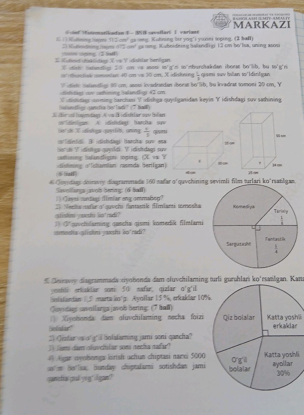 1. Kubning hajmi 512 $cm^3$ ga teng. | StudyX
