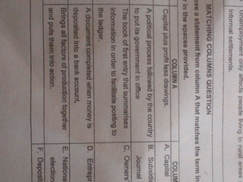 MATCHING COLUMNS QUESTION Match the terms in | StudyX