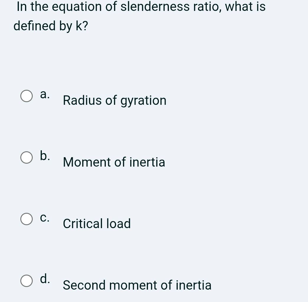 In the equation of slenderness ratio, what | StudyX