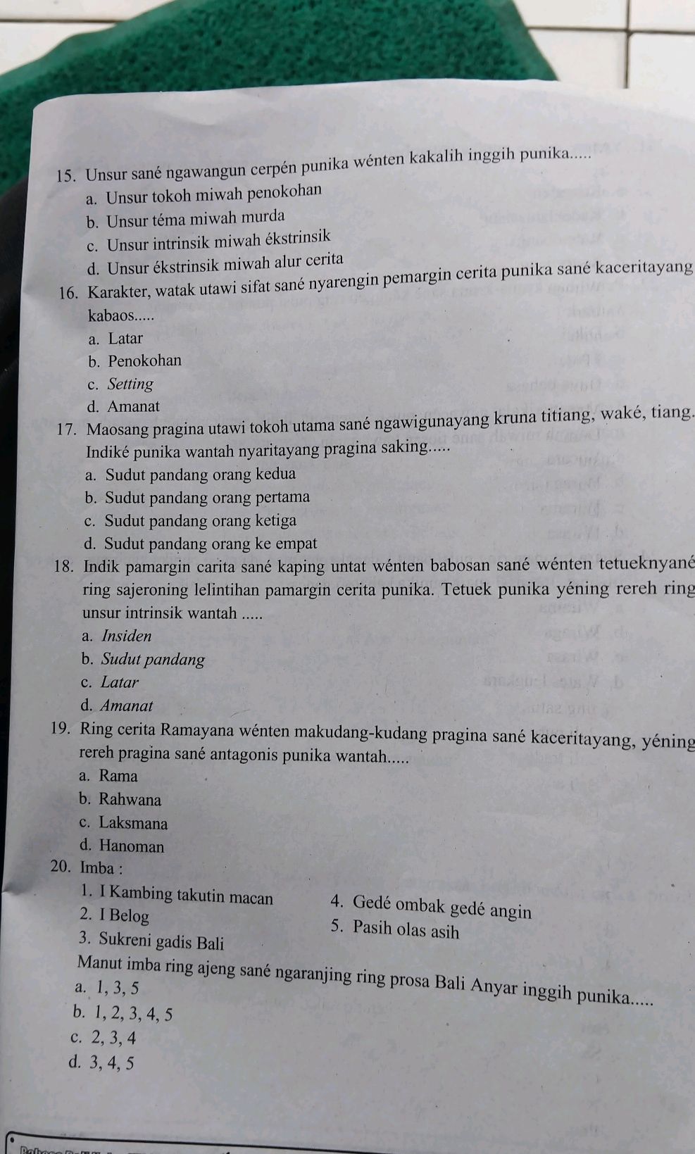 Unsur sané ngawangun cerpén punika wénten
