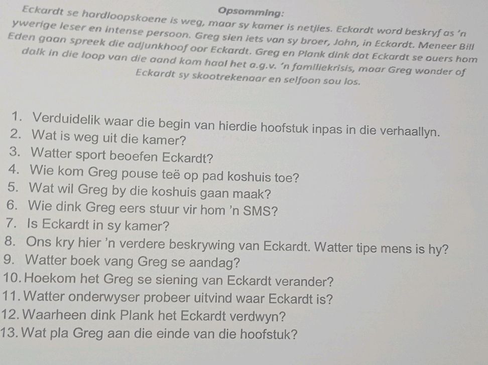 Opsomming: Eckardt se hardloopskoene is weg, | StudyX