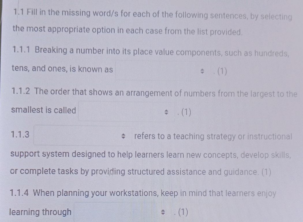 1.1 Fill in the missing word/s for each of | StudyX
