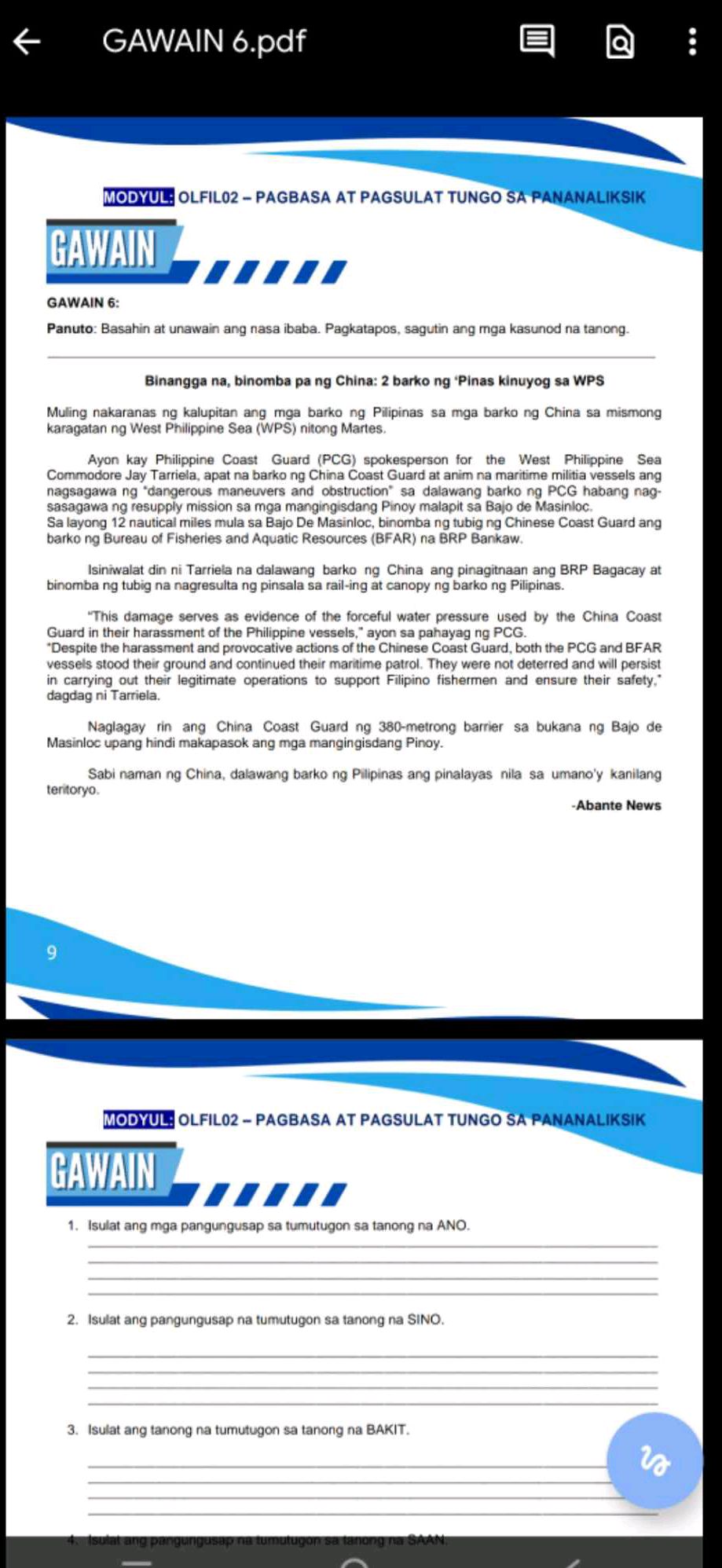 GAWAIN 6: 1. Isulat ang mga pangungusap sa | StudyX