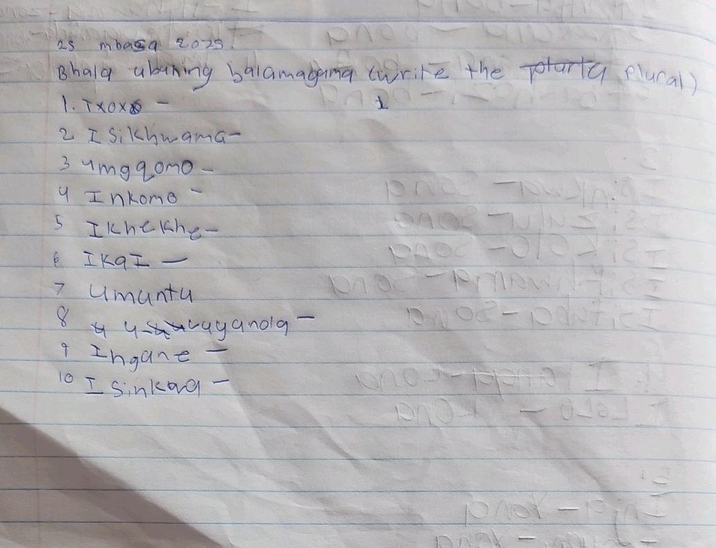 Bhala ubaning balamagama (write the plural | StudyX