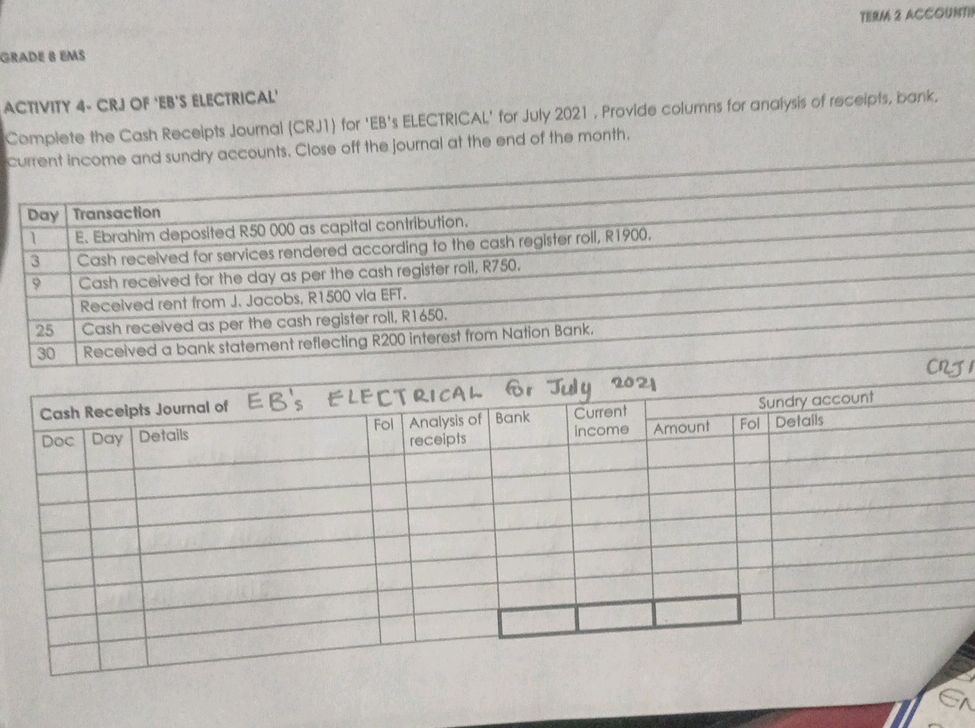 Complete the Cash Receipts Journal (CRJ1) | StudyX