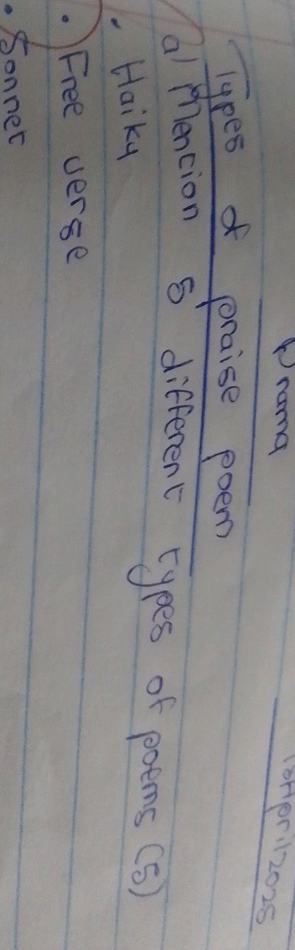 Types of poems (5) * Haiku * Free verse | StudyX