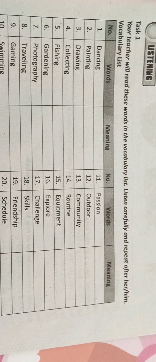 Task 1 Your teacher will read these words in | StudyX