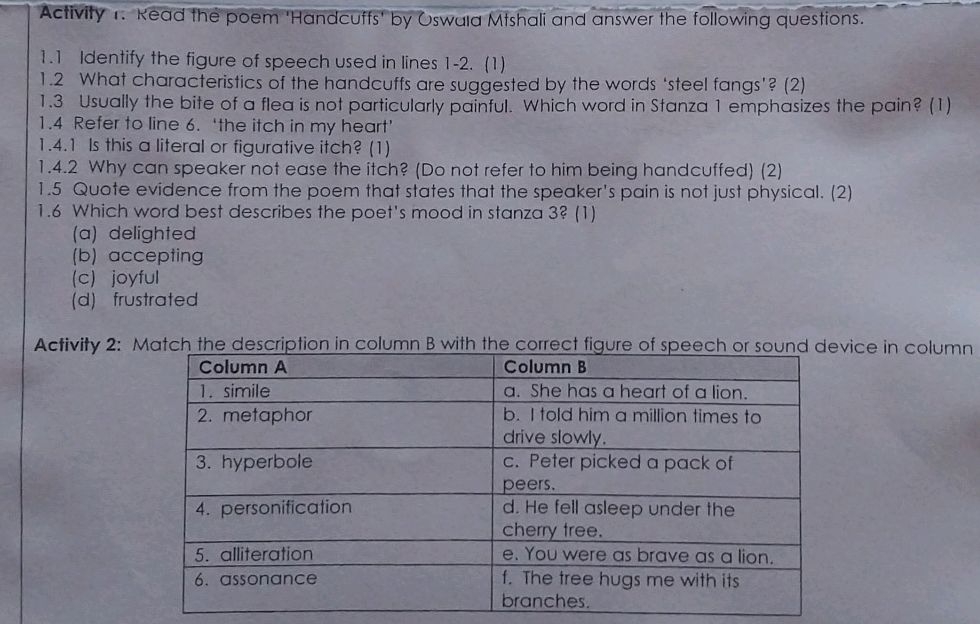 Activity 1: Read the poem 'Handcuffs' by | StudyX