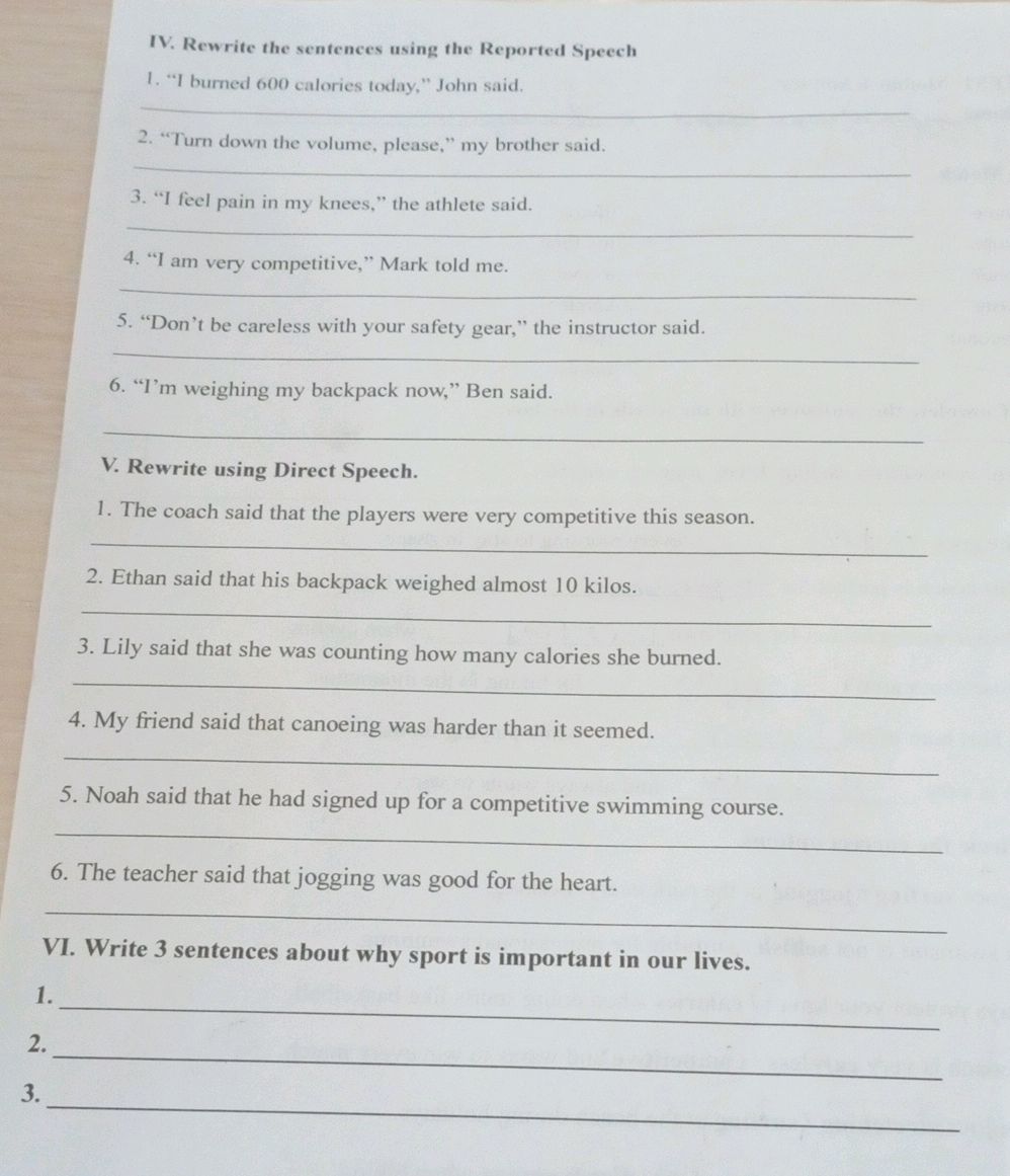 IV. Rewrite the sentences using the Reported | StudyX