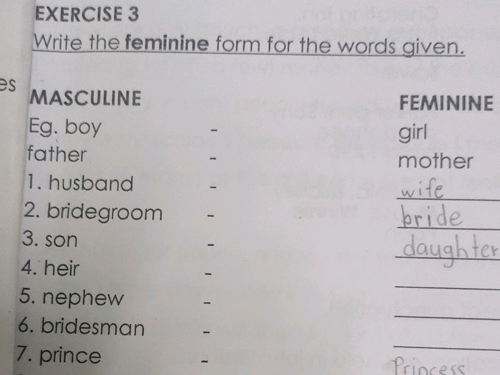 Write the feminine form for the words given. | StudyX