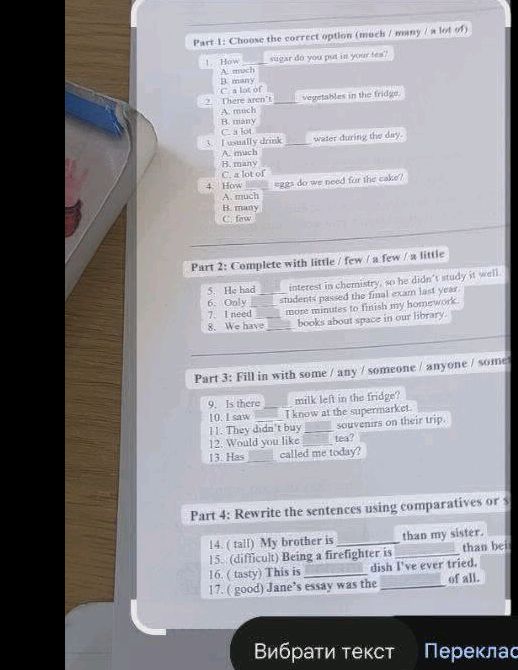 Part 1: Choose the correct option (much / | StudyX