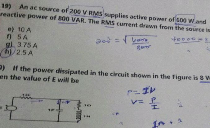 19) An ac source of 200 V RMS supplies | StudyX