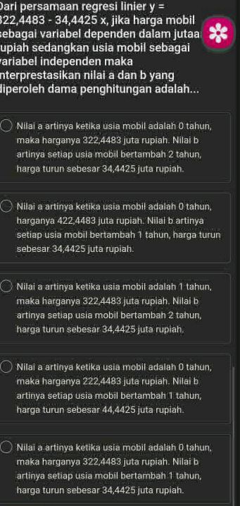 Dari persamaan regresi linier y = 322,4483 - | StudyX