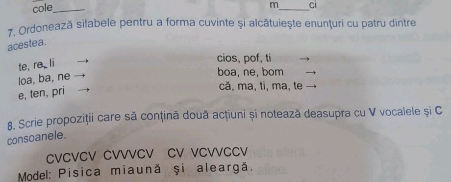 7. Ordonează silabele pentru a forma cuvinte | StudyX