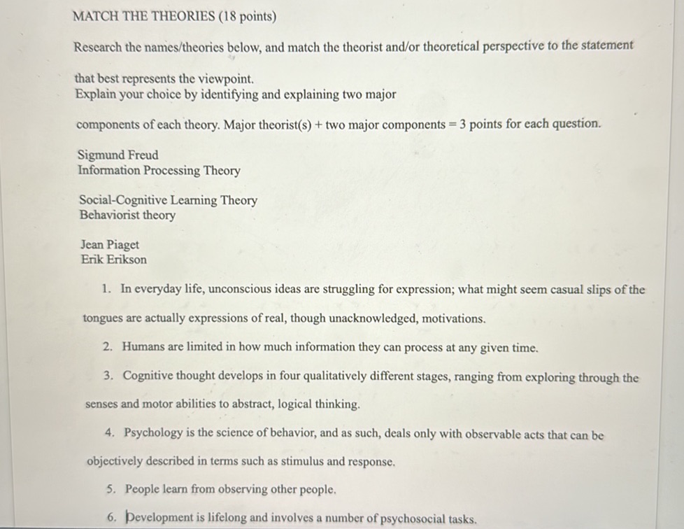 MATCH THE THEORIES (18 points) Research the | StudyX