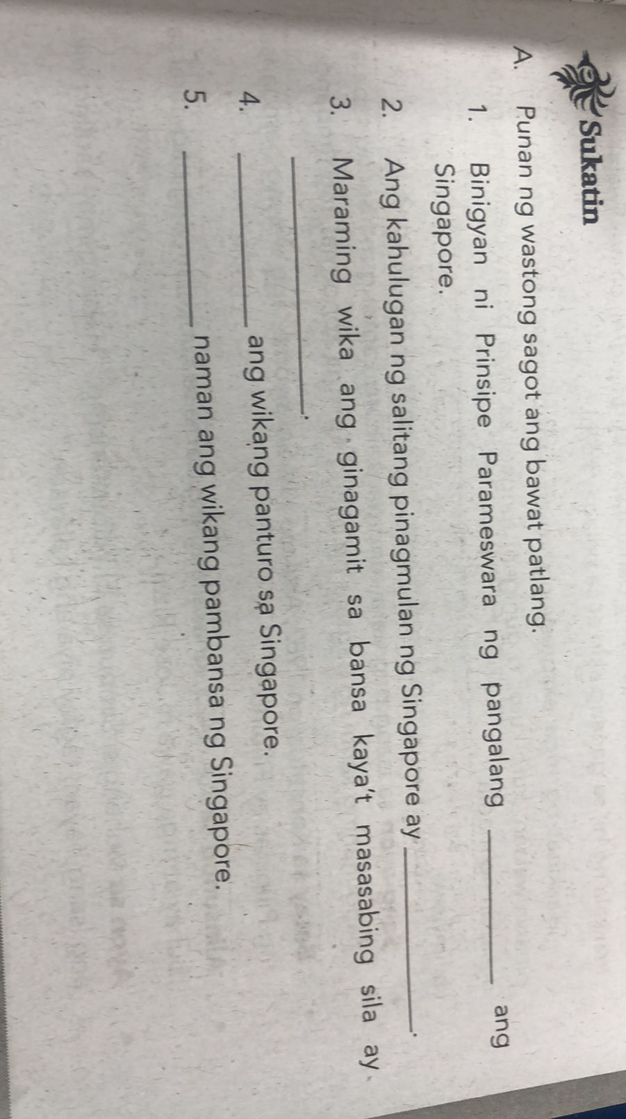 A. Punan ng wastong sagot ang bawat patlang. | StudyX