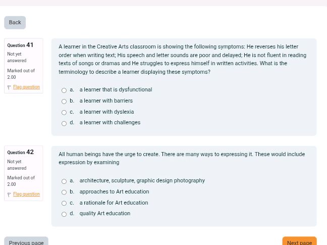 Question 41 A learner in the Creative Arts | StudyX