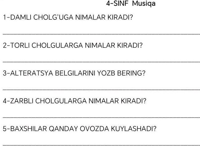 1-DAMLI CHOLG'UGA NIMALAR KIRADI? 2-TORLI | StudyX