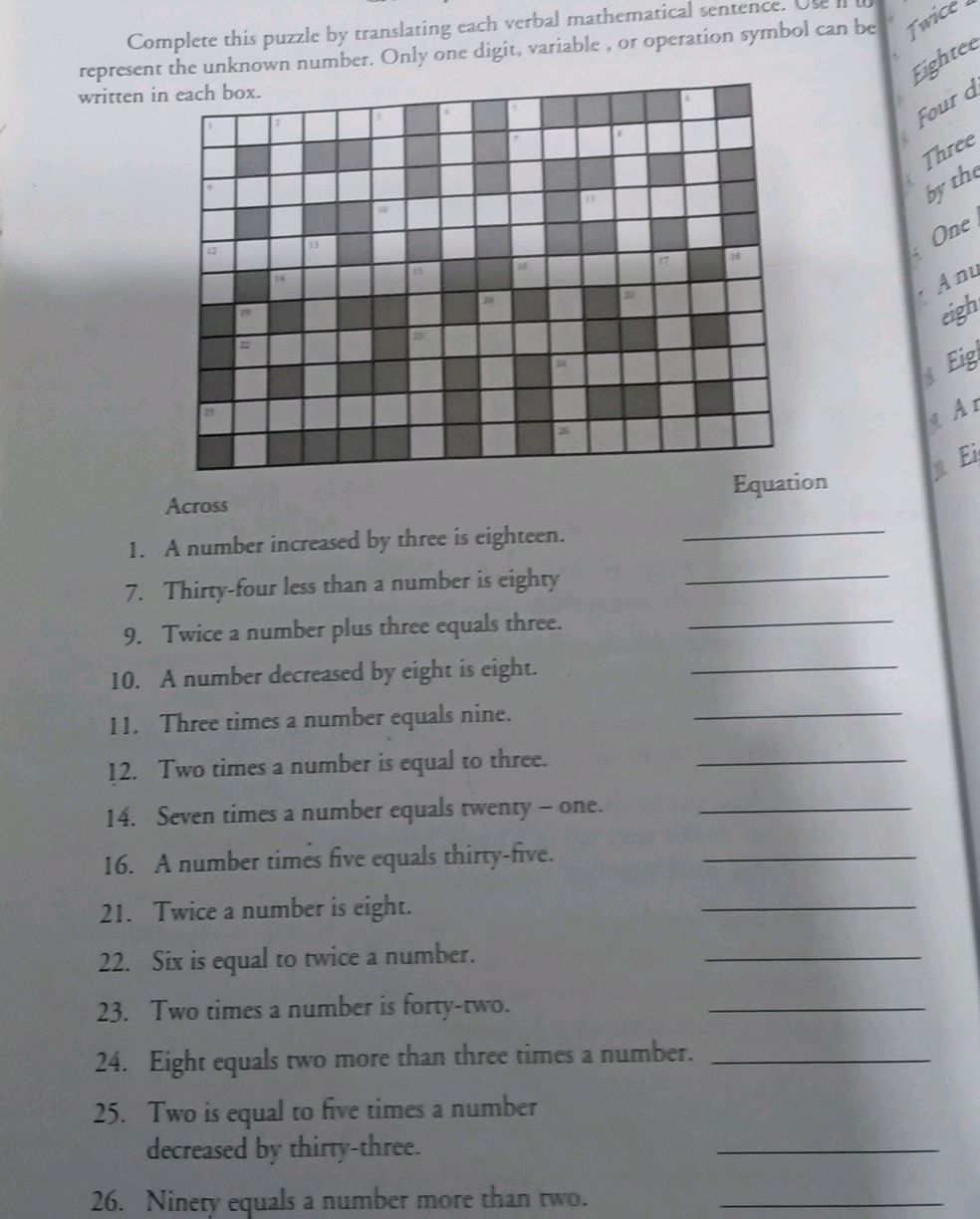 1. A number increased by three is eighteen. | StudyX