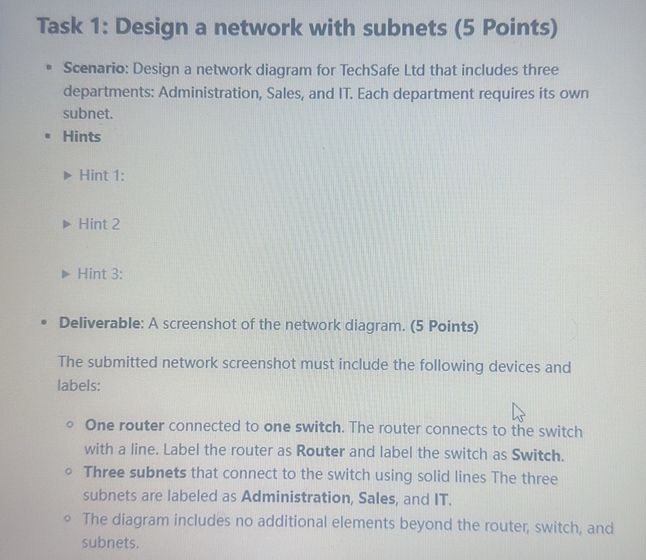 Task 1: Design a network with subnets (5 | StudyX
