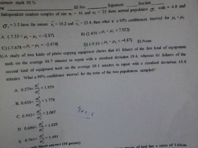 Independent random samples of size $n_1 = | StudyX