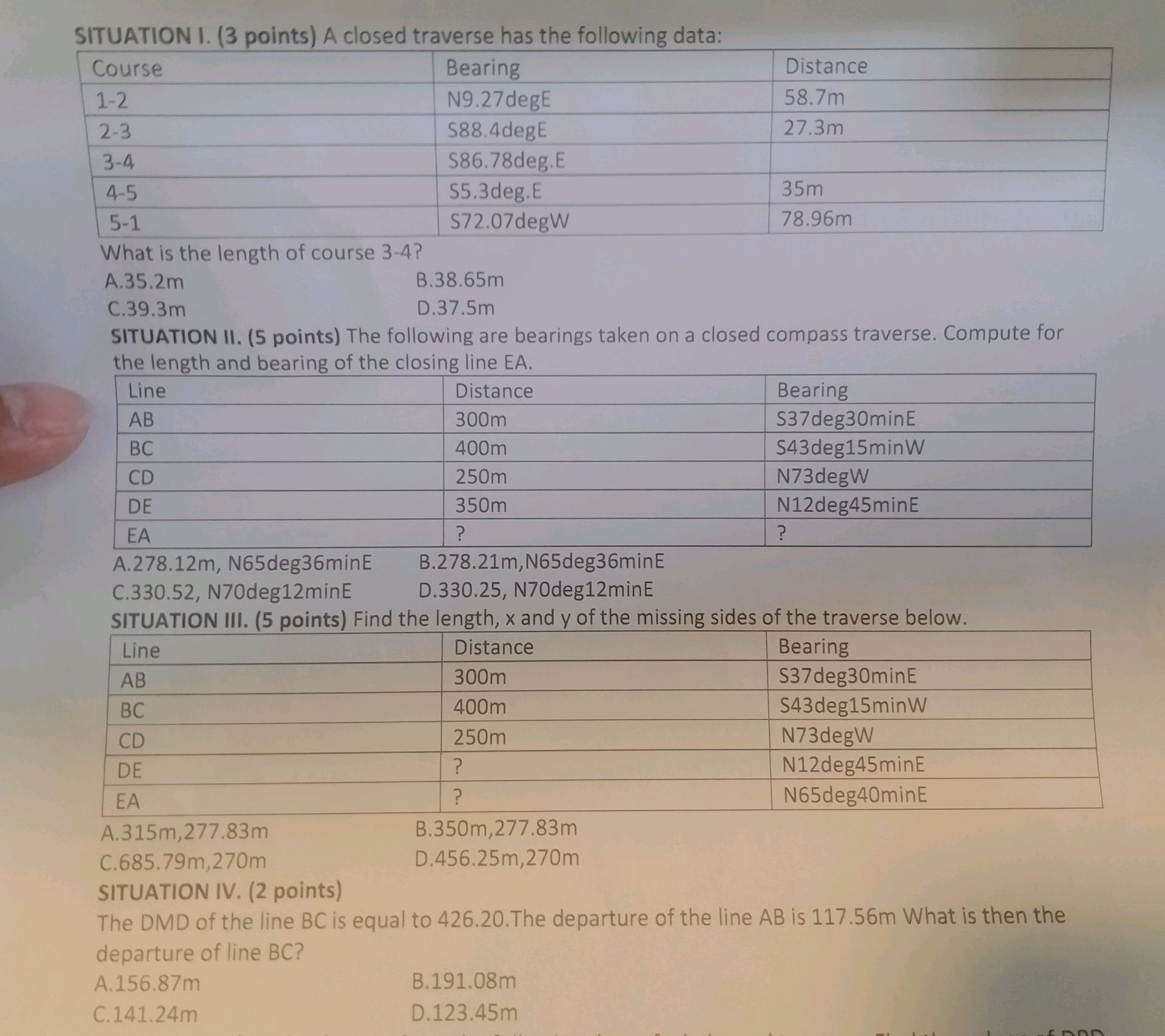 SITUATION I. (3 points) A closed traverse | StudyX