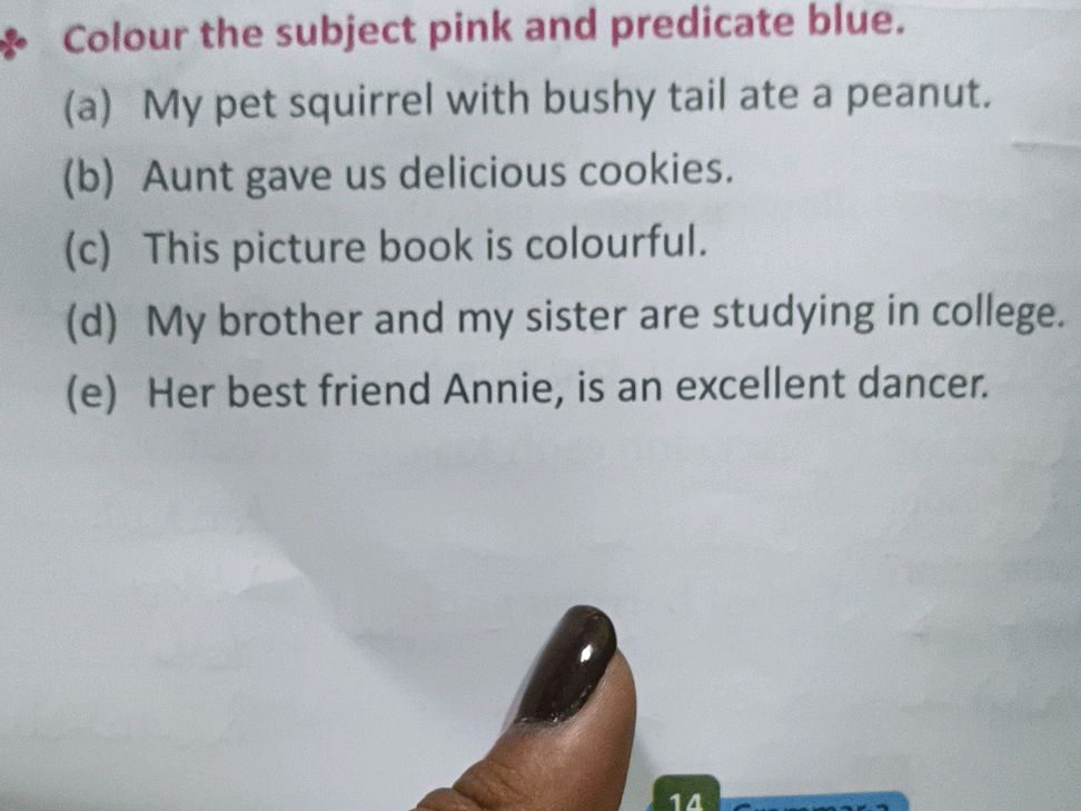 Colour the subject pink and predicate blue. | StudyX