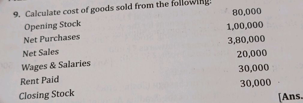 9. Calculate cost of goods sold from the | StudyX